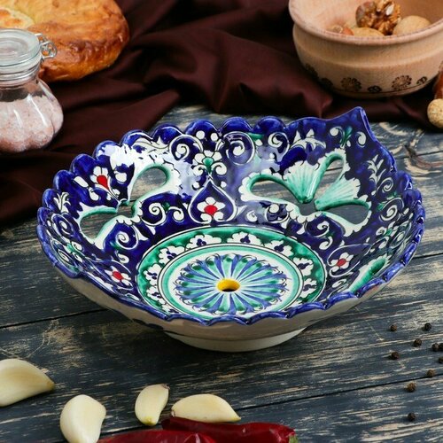 Блюдо Риштанская Керамика "Цветы", 25 см, синее, рифлёное, овальное (комплект из 2 шт)