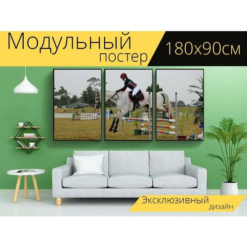 Модульный постер "Лошадь прыгает, прыгать, лошадь" 180 x 90 см. для интерьера