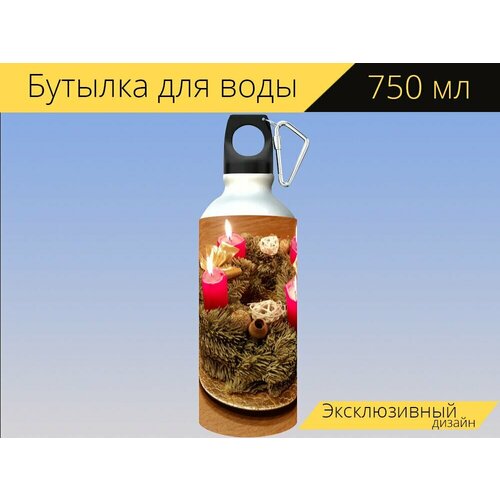 Бутылка фляга для воды "Венок, рождественский венок, свечи" 750 мл. с карабином и принтом