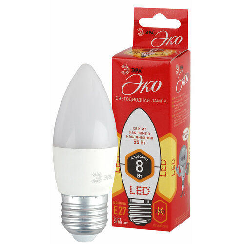 ECO LED B35-8W-827-E27 ЭРА (диод, свеча, 8Вт, тепл, E27) (10/100/3500) Б0030020 (упаковка 5 шт)