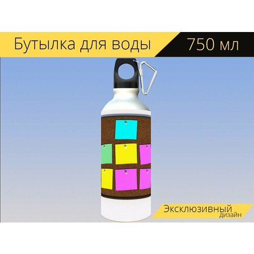 Бутылка фляга для воды "Корк стена, пробковая доска, stickies" 750 мл. с карабином и принтом