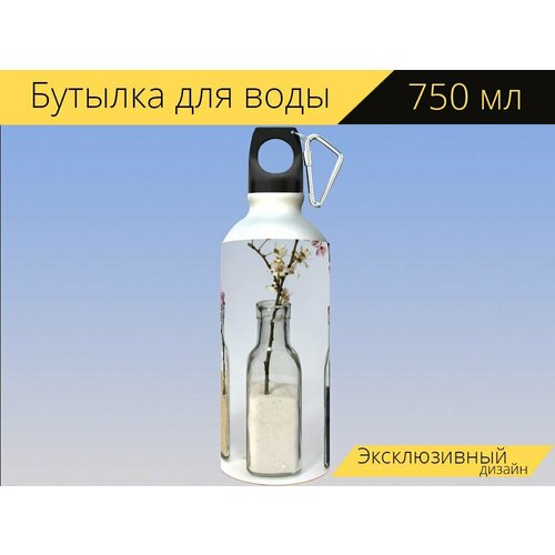 Бутылка фляга для воды "Бутылки, песок, декоративный песок" 750 мл. с карабином и принтом