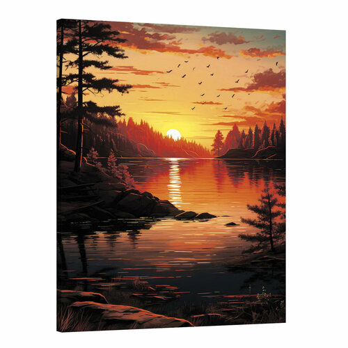 Интерьерная картина 50х70 "Вечерний пейзаж с озером"