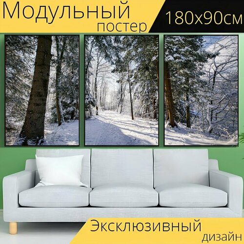 Модульный постер "Зима, снег, природа" 180 x 90 см. для интерьера