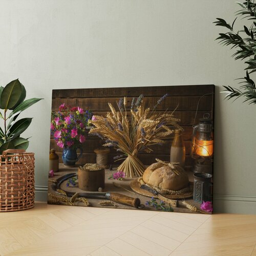 Картина на холсте (натюрморт с колосьями и хлебом с пшеницы с деревенский) 60x80 см/для интерьера/в комнату/на стену/в подарок
