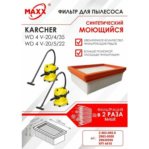 Плоский складчатый фильтр синтетический, моющийся для пылесоса Karcher WD 4 V-20/4/35, Karcher WD 4 V-20/5/22 (KFI 4410)