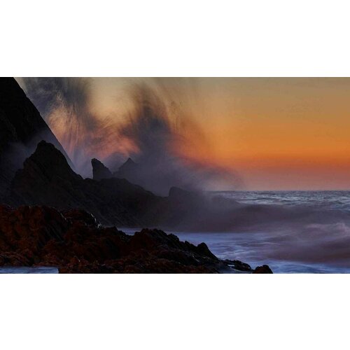 Картина на холсте 60x110 LinxOne "Море, скалы, прибой, волны, закат" интерьерная для дома / на стену / на кухню / с подрамником