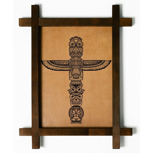 Картина Тотем, гравировка на натуральной коже, интерьерная для украшения и декора на стену в деревянной раме, подарок, BoomGift