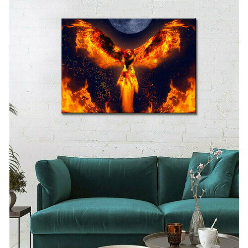 Интерьерная картина на холсте - Птица феникс возрождение, крылья в огне 30х40