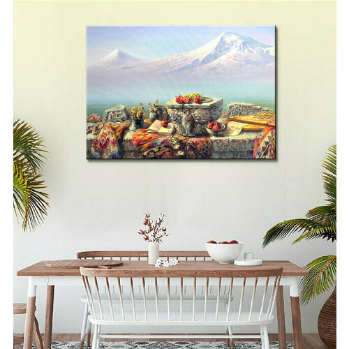 Картина на холсте для интерьера на стену - Арарат и армянская кухня, Армения - кухня народов мира 30х40