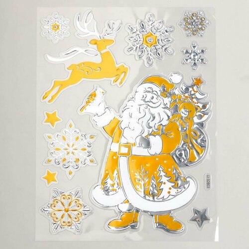 Интерьерные наклейки - Дед Мороз с подарками и олень, цвет серебристо-золотой, 24х33 см, 1 упаковка