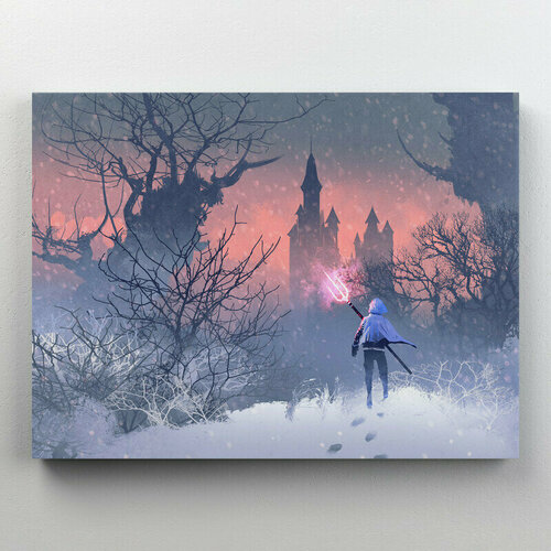 Интерьерная картина на холсте "Волшебница в зимнем лесу со светящимся трезубцем" размер 40x30 см