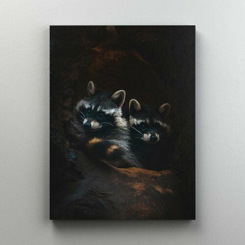 Интерьерная картина на холсте "Два малыша енота в дупле дерева" размер 30x40 см