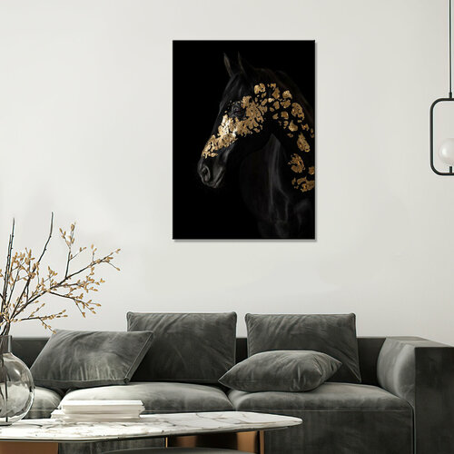 Интерьерная картина на холсте - Чёрная лошадь с золотыми элементами 60х80