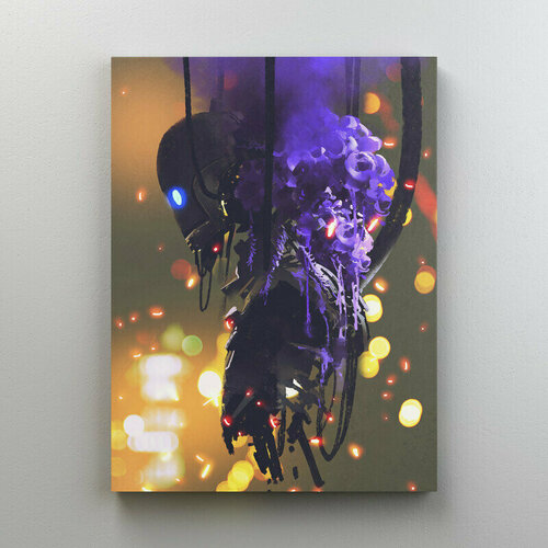 Интерьерная картина на холсте "Сломанный робот с букетом фиолетовых цветов" размер 30x40 см