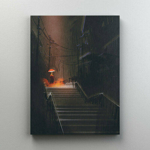 Интерьерная картина на холсте "Монах с зонтом на лестнице" размер 30x40 см