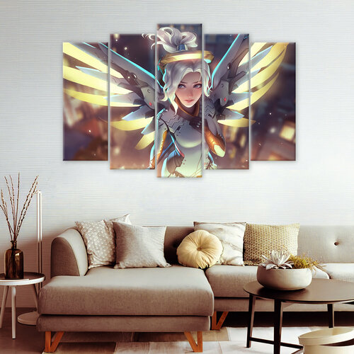 Модульная картина/Модульная картина на холсте/Модульная картина в подарок/Zigler angel mercy Overwatch - Циглер ангел мерси Овервотч 150х100