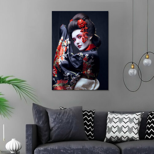 Картина интерьерная-Гейша с красным цветком в чёрном кимоно 50х70