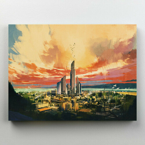 Интерьерная картина на холсте "Живопись - футуристический город на закате" размер 30x22 см