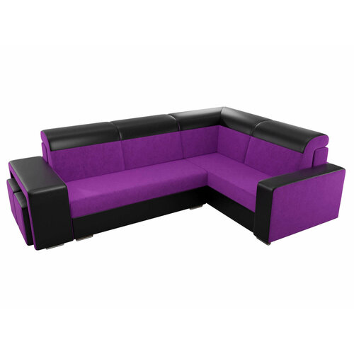 Artum Угловой диван Мустанг с двумя пуфами вельвет фиолетовый эко кожа черный правый