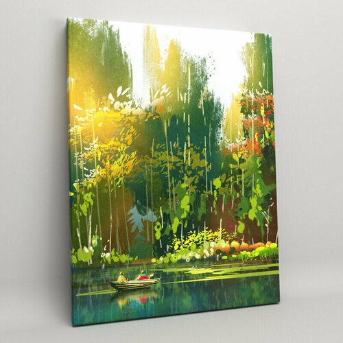 Картина на холсте (интерьерный постер) "Пейзаж зеленый лес и озеро", с деревянным подрамником, размер 30x40 см