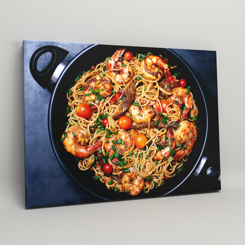 Картина на холсте (интерьерный постер) "Паста с креветками" для кухни, кафе и ресторанов, с деревянным подрамником, размер 40x30 см