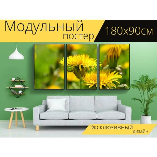 Модульный постер "Одуванчик, желтый, весна" 180 x 90 см. для интерьера