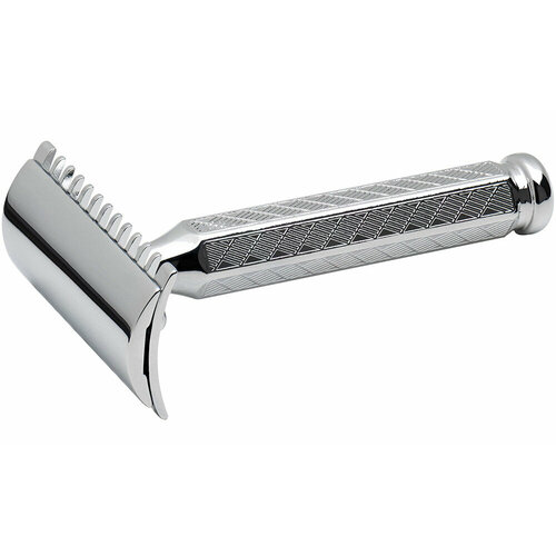 Cтанок Т- образный для бритья MERKUR, открытый зубчатый гребень, короткая ручка, глянцевое хромированное покрытие, лезвие в комплекте (1 шт) 41001