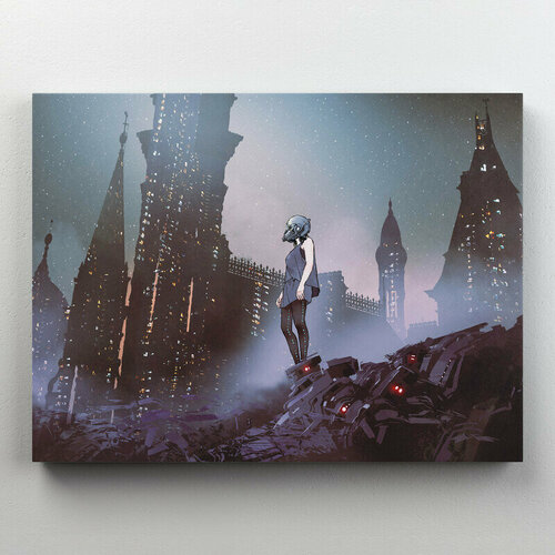 Интерьерная картина на холсте "Девушка стоит на фоне огромного замка" размер 40x30 см