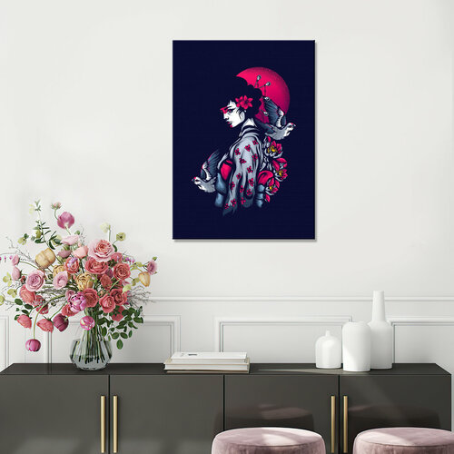 Интерьерная картина на холсте - Гейша и птица розово-чёрный арт 20х30