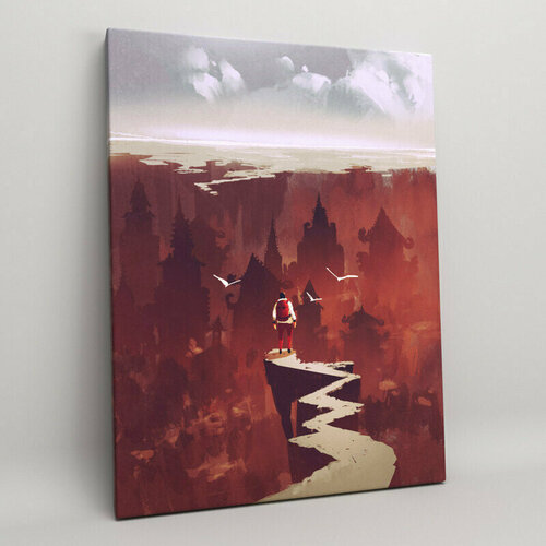 Картина на холсте (интерьерный постер) "Путешественник у обрыва на фоне леса", с деревянным подрамником, размер 30x40 см