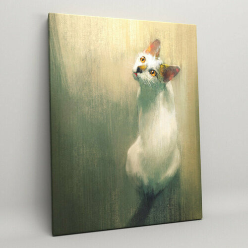 Картина на холсте (интерьерный постер) "Белый кот с бежевым ухом - арт", с деревянным подрамником, размер 22x30 см