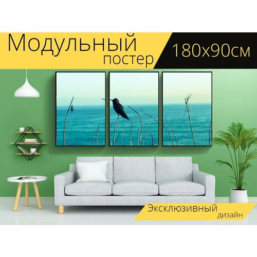 Модульный постер "Колибри, с видом на море, блюз" 180 x 90 см. для интерьера