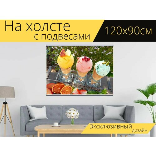 Картина на холсте "Мороженое, мороженого вкусов, фрукты" с подвесами 120х90 см. для интерьера