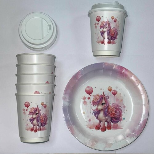 Набор одноразовой посуды-6 стаканов (270 мл) с крышками, 6 тарелок (диаметр 180мм), для горячих и холодных напитков; для праздника