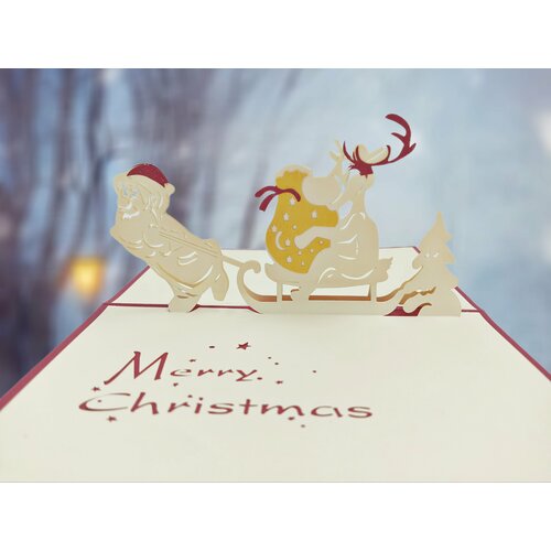 Открытка 3D Новогодняя "Merry Christmas" Оленёнок с мешком