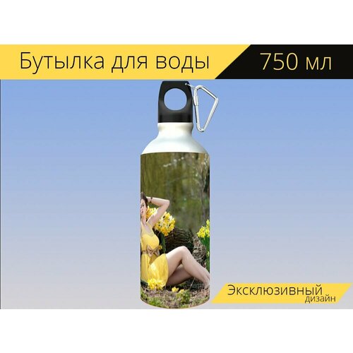 Бутылка фляга для воды "Лицо, нарцисс, желтый" 750 мл. с карабином и принтом