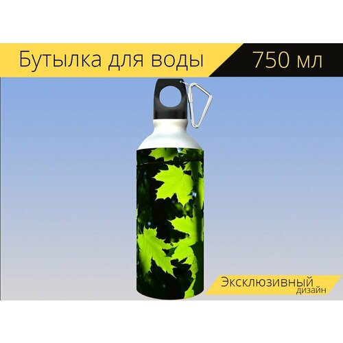 Бутылка фляга для воды "Листья, зеленый, подсветка" 750 мл. с карабином и принтом