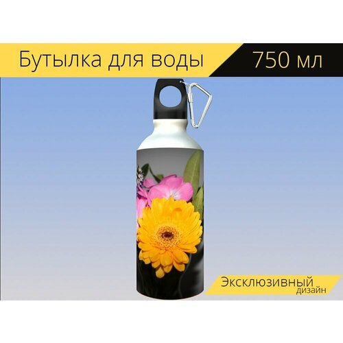 Бутылка фляга для воды "Цветы, природа" 750 мл. с карабином и принтом