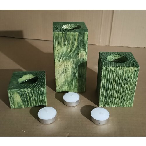 Подарочный набор Romantic Wood Green 3 из 3-х подсвечников ручной работы. свечи в комплекте