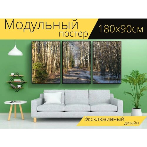 Модульный постер "Дорожка, лес, деревья" 180 x 90 см. для интерьера