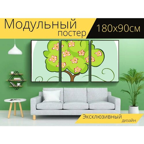 Модульный постер "Вишня, цвести, дерево" 180 x 90 см. для интерьера