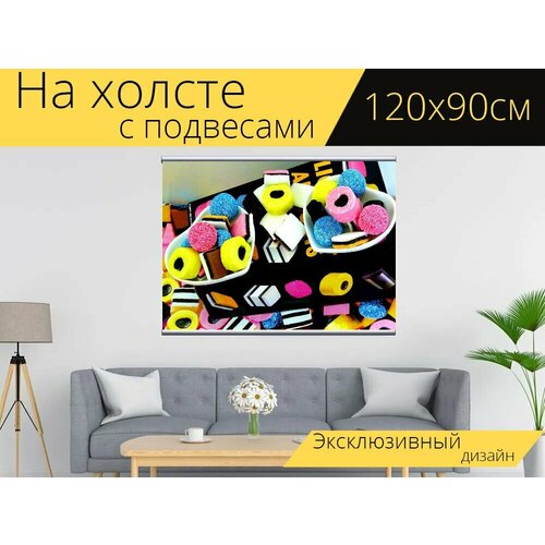 Картина на холсте "Солодки, конфеты, сладости" с подвесами 120х90 см. для интерьера