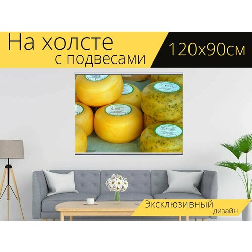 Картина на холсте "Сыр, сырная буханка, покупать" с подвесами 120х90 см. для интерьера