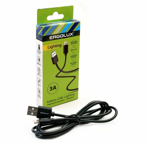 Кабель USB-Lightning ELX-CDC03-C02 (3А, 1,2м, Черный, Зарядка+Передача данных, Коробка) ERGOLUX