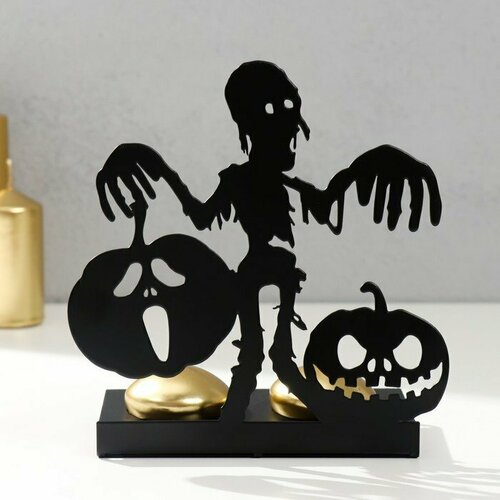 Подсвечник металл на 2 свечи "Хэллоуин. Скелет с тыквами" чёрный 15х14х6 см (комплект из 2 шт)