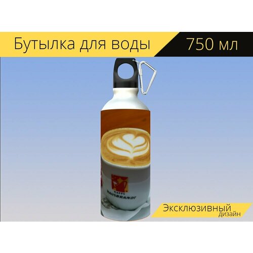 Бутылка фляга для воды "Капучино, кофе, кофейный магазин" 750 мл. с карабином и принтом