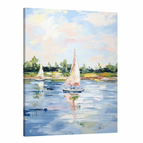 Интерьерная картина 50х70 "Пейзаж с рекой и парусными лодками"