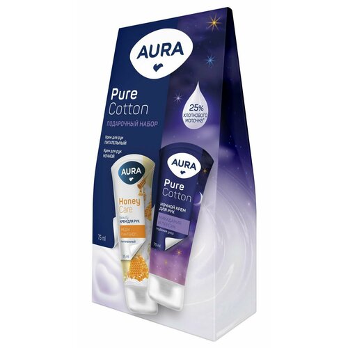 Подарочный набор AURA Pure Cotton: Крем для рук «Питательный» с D-пантенолом и экстрактом мёда 75 мл + Крем для рук Ночной с маслом макадамии 75 мл