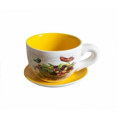 Горшок цветочный керамический чашка С блюдцем, Ф-15см, h-10см (желтый)